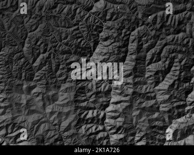 Lhuentse, district of Bhutan. Grayscale elevation map with lakes and ...