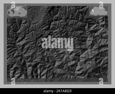 Paro, district of Bhutan. Grayscale elevation map with lakes and rivers. Locations of major ...