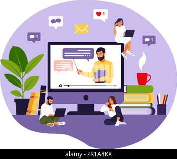 Online education and graduation. Online teacher on computer monitor or ...