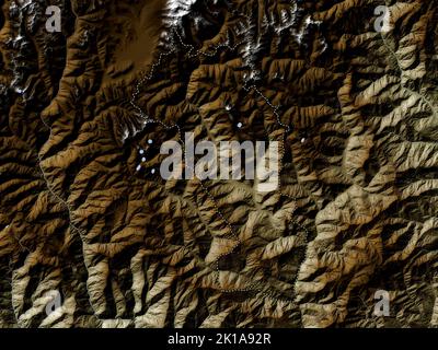 Paro, district of Bhutan. Colored elevation map with lakes and rivers ...