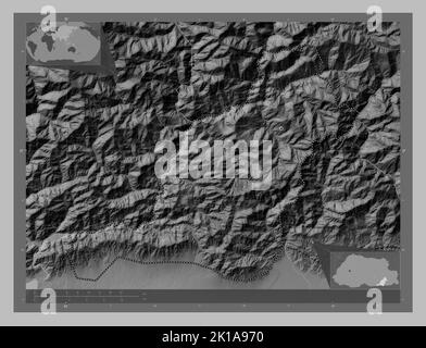 Pemagatshel, district of Bhutan. Grayscale elevation map with lakes and rivers. Locations and ...
