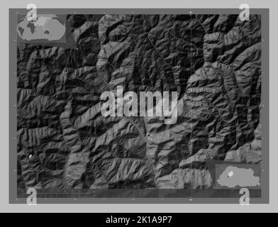 Punakha, district of Bhutan. Grayscale elevation map with lakes and ...
