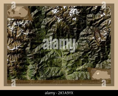 Punakha, district of Bhutan. Low resolution satellite map. Locations of ...
