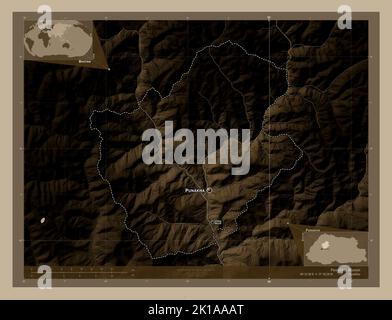 Punakha, district of Bhutan. Colored elevation map with lakes and ...
