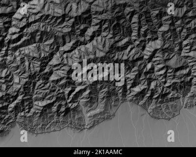 Samdrupjongkhar, district of Bhutan. Grayscale elevation map with lakes and rivers. Locations of ...