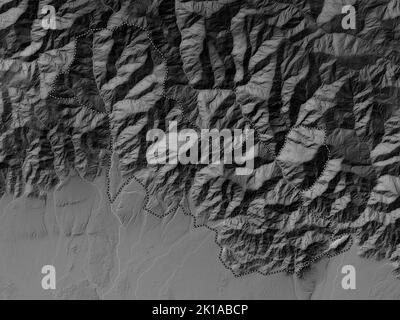 Samtse, district of Bhutan. Grayscale elevation map with lakes and rivers. Locations of major ...