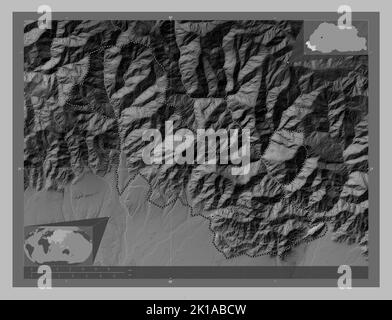 Samtse, district of Bhutan. Grayscale elevation map with lakes and ...