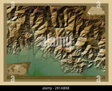 Samtse, district of Bhutan. Colored elevation map with lakes and rivers ...