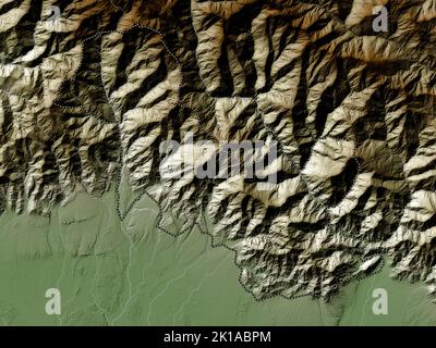 Samtse, district of Bhutan. Colored elevation map with lakes and rivers ...