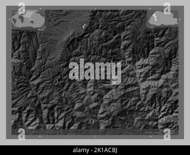 Thimphu, district of Bhutan. Grayscale elevation map with lakes and ...