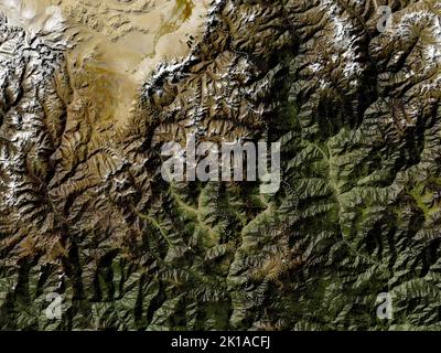 Thimphu, district of Bhutan. Low resolution satellite map. Locations of ...