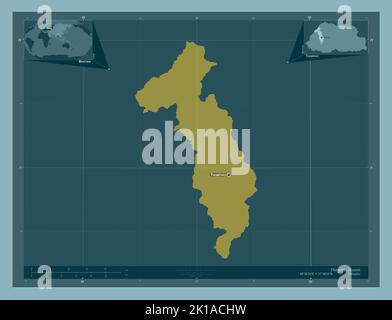 Thimphu, district of Bhutan. Solid color shape. Locations of major ...