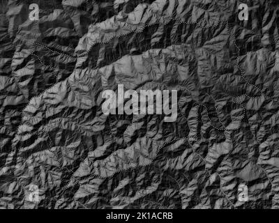 Trashigang, district of Bhutan. Grayscale elevation map with lakes and ...