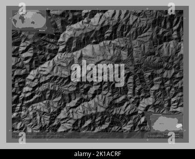 Trashigang, district of Bhutan. Grayscale elevation map with lakes and ...