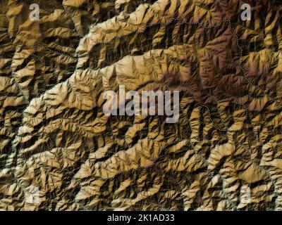 Trashigang, district of Bhutan. Colored elevation map with lakes and ...