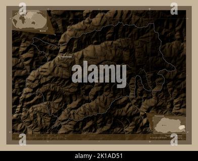 Trashigang, district of Bhutan. Colored elevation map with lakes and ...