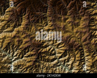 Trongsa, district of Bhutan. Colored elevation map with lakes and ...