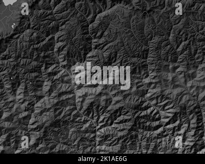 Wangduephodrang, district of Bhutan. Grayscale elevation map with lakes and rivers. Corner ...
