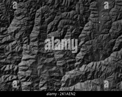 Yangtse, district of Bhutan. Grayscale elevation map with lakes and rivers. Locations of major ...