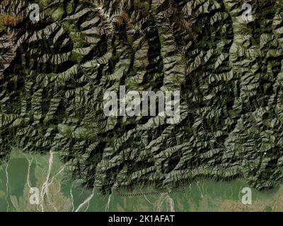 Zhemgang, district of Bhutan. Low resolution satellite map. Locations ...