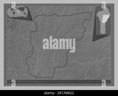 Borgou, department of Benin. Grayscale elevation map with lakes and ...