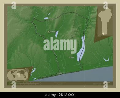 Mono, department of Benin. Colored elevation map with lakes and rivers ...
