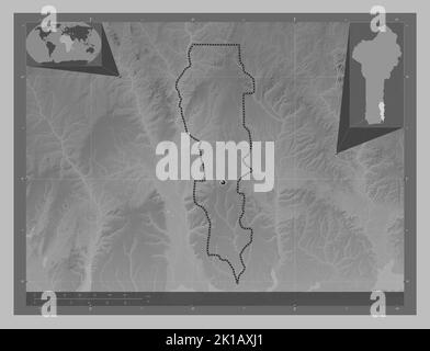 Plateau, department of Benin. Grayscale elevation map with lakes and ...