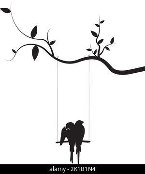 Birds couple on swing on branch holding heart, vector. Fun cartoon art ...