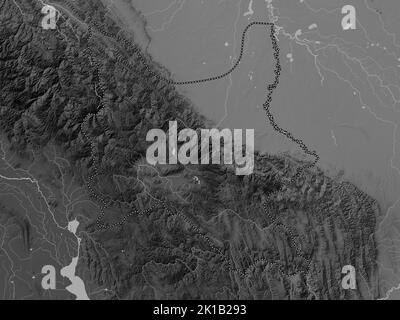 Cochabamba, department of Bolivia. Grayscale elevation map with lakes and rivers. Corner ...
