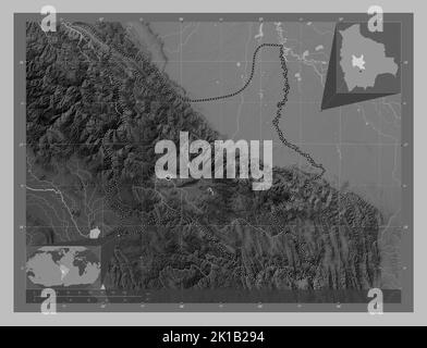 Cochabamba, department of Bolivia. Grayscale elevation map with lakes and rivers Stock Photo - Alamy