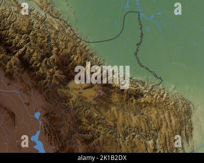 Cochabamba, department of Bolivia. Colored elevation map with lakes and rivers. Corner auxiliary ...