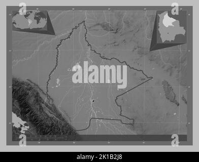 El Beni, department of Bolivia. Grayscale elevation map with lakes and rivers. Locations and ...