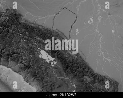 La Paz, department of Bolivia. Grayscale elevation map with lakes and rivers. Locations of major ...