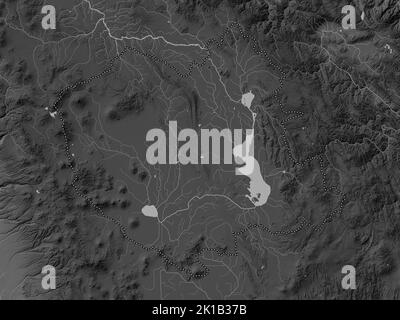 Oruro, department of Bolivia. Grayscale elevation map with lakes and rivers. Corner auxiliary ...