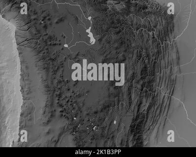 Potosi, department of Bolivia. Grayscale elevation map with lakes and rivers. Locations and ...