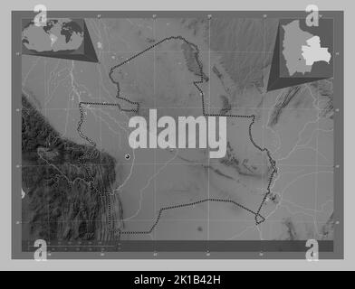 Santa Cruz, department of Bolivia. Grayscale elevation map with lakes and rivers. Locations and ...