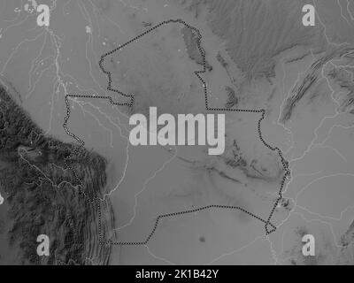 Santa Cruz, department of Bolivia. Grayscale elevation map with lakes and rivers. Locations and ...