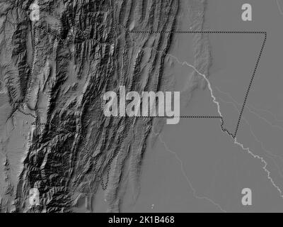 Tarija, department of Bolivia. Elevation map colored in wiki style with lakes and rivers. Corner ...