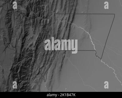 Tarija, department of Bolivia. Grayscale elevation map with lakes and rivers. Locations of major ...