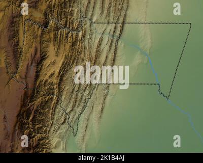 Tarija, department of Bolivia. Elevation map colored in wiki style with lakes and rivers. Corner ...