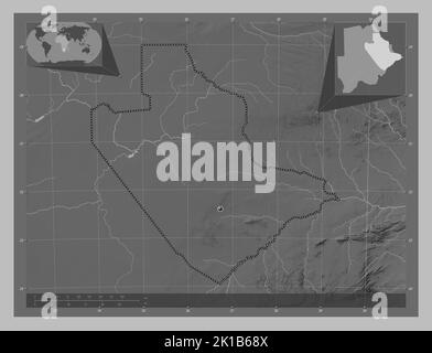 Central, district of Botswana. Grayscale elevation map with lakes and ...