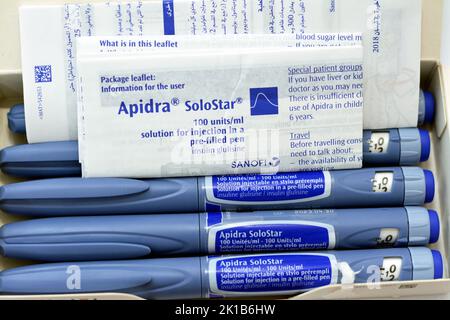 Cairo, Egypt, September 3 2022: Apidra Solostar solution pre-filled pen ...
