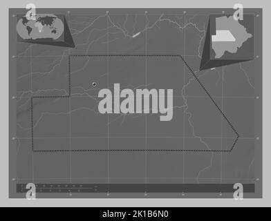 Ghanzi, district of Botswana. Grayscale elevation map with lakes and ...