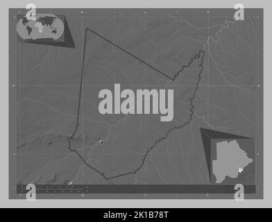 Kgatleng, district of Botswana. Grayscale elevation map with lakes and ...