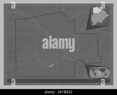 North-West, district of Botswana. Grayscale elevation map with lakes ...