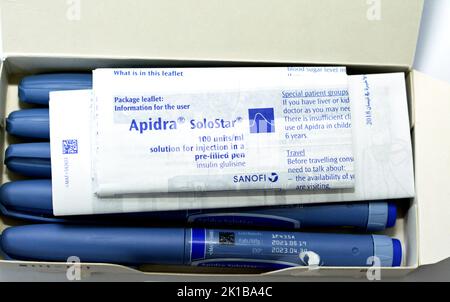 Cairo, Egypt, September 3 2022: Apidra Solostar solution pre-filled pen ...