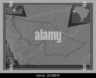 Acre, state of Brazil. Bilevel elevation map with lakes and rivers. Locations of major cities of ...