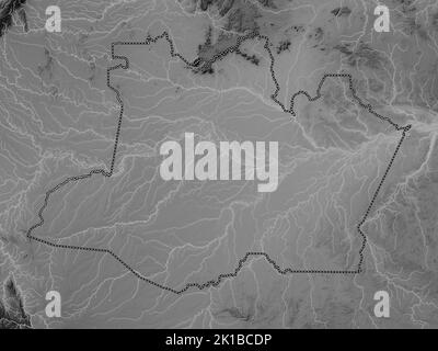 Amazonas, state of Brazil. Grayscale elevation map with lakes and rivers. Locations and names of ...