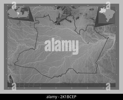 Amazonas, state of Brazil. Grayscale elevation map with lakes and rivers. Locations and names of ...