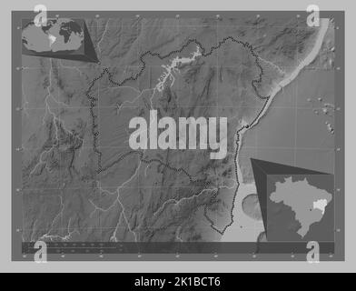 Bahia, state of Brazil. Grayscale elevation map with lakes and rivers. Locations of major cities ...
